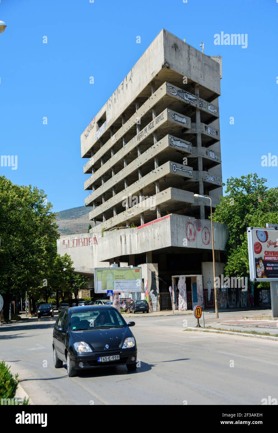 The carcass of Sniper tower, a former bank used as as a sniper vantage ...