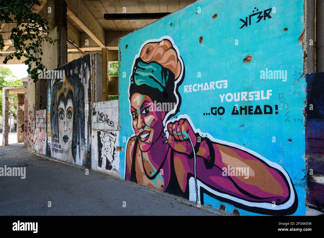 Graffiti at basement of the remnants of sniper tower,a former bank used ...