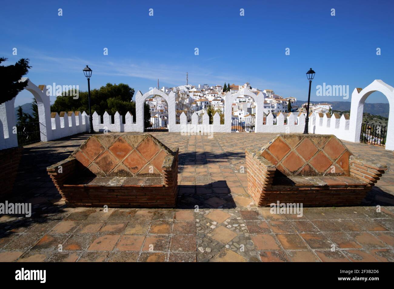 The mountain top white village of Comares in the Axarquia region of ...