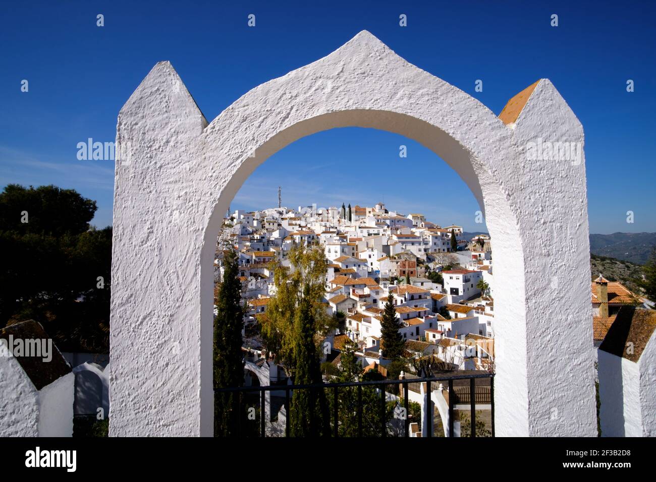 The mountain top white village of Comares in the Axarquia region of ...