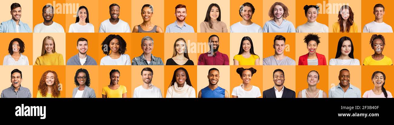 Collection Of Human Portraits With Happy Faces On Orange Backgrounds ...