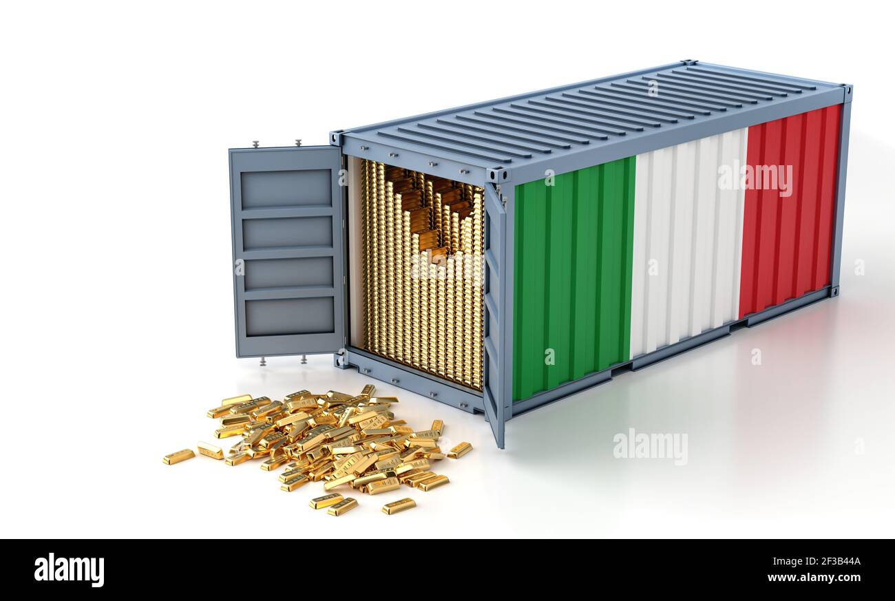 Freight Container with Italy flag filled with Gold bars. Some Gold bars ...