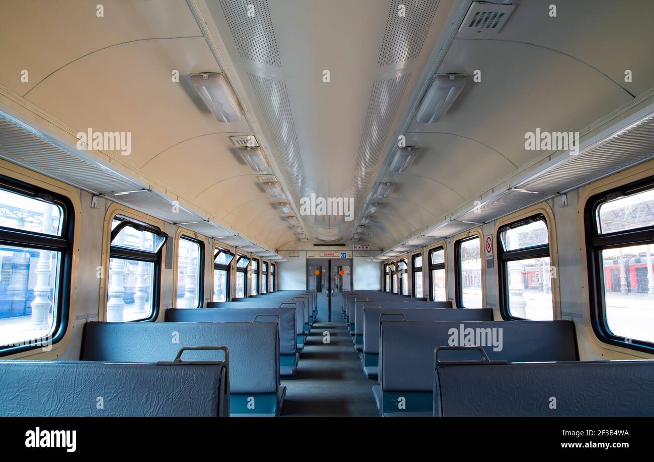 Interior of a suburban train express, Moscow, Russia Stock Photo - Alamy