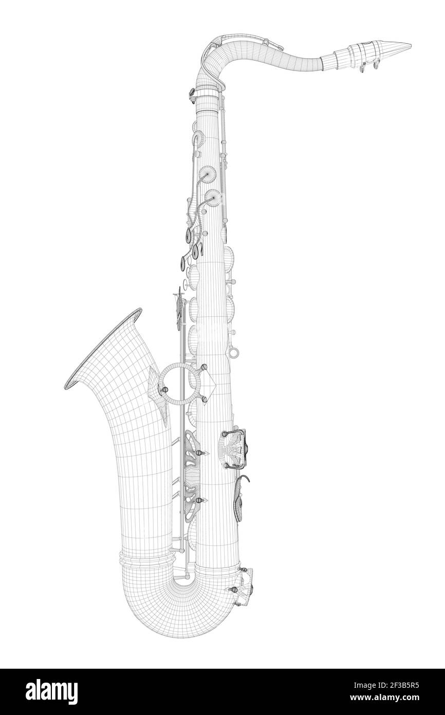 Wire-frame detailed saxophone isolated on white background. Side view ...