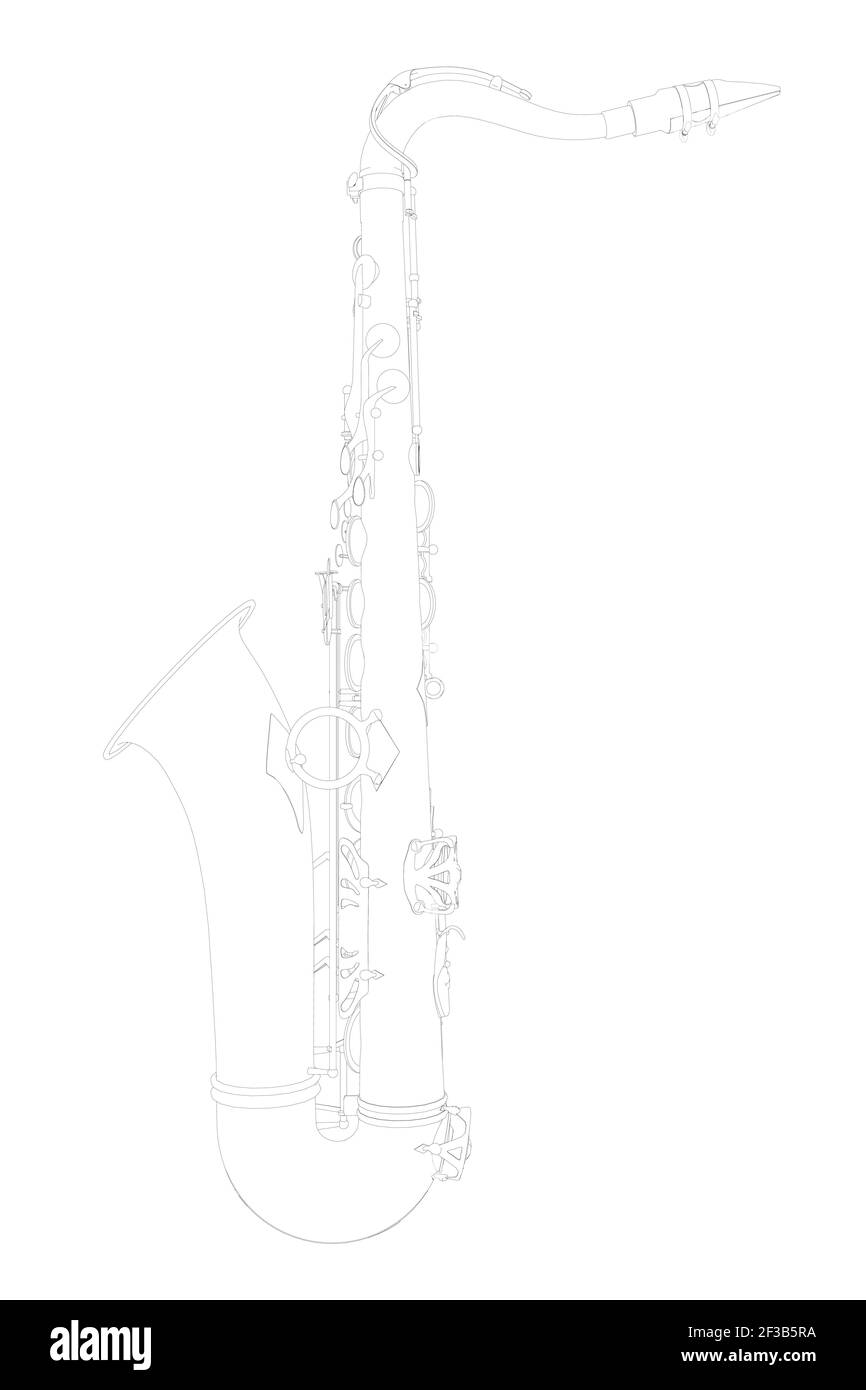 Outline detailed saxophone isolated on white background. Side view ...