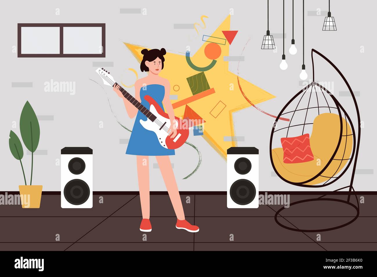 Girl playing guitar music, talent teen artist guitarist with musical ...