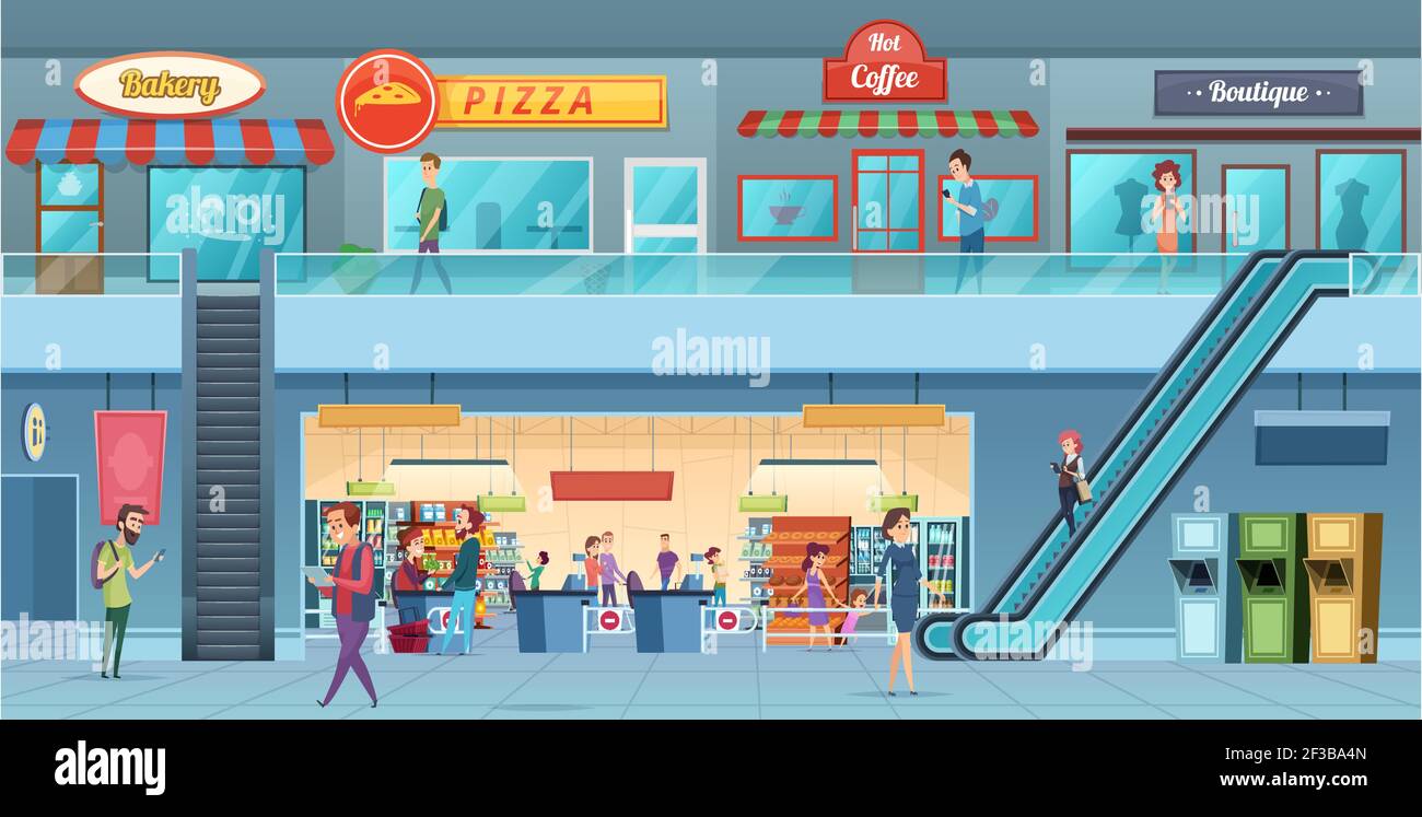 Mall interior. Retailers hypermarket commercial shopping big hall ...