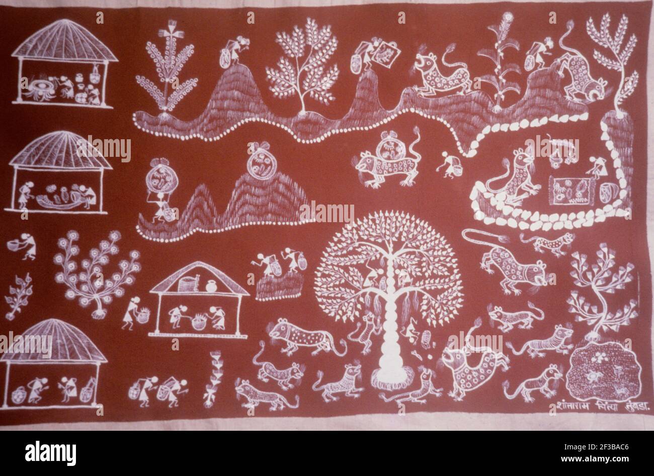 India, Warli painting, Tiger and Man story, painted by Shantaram Stock ...