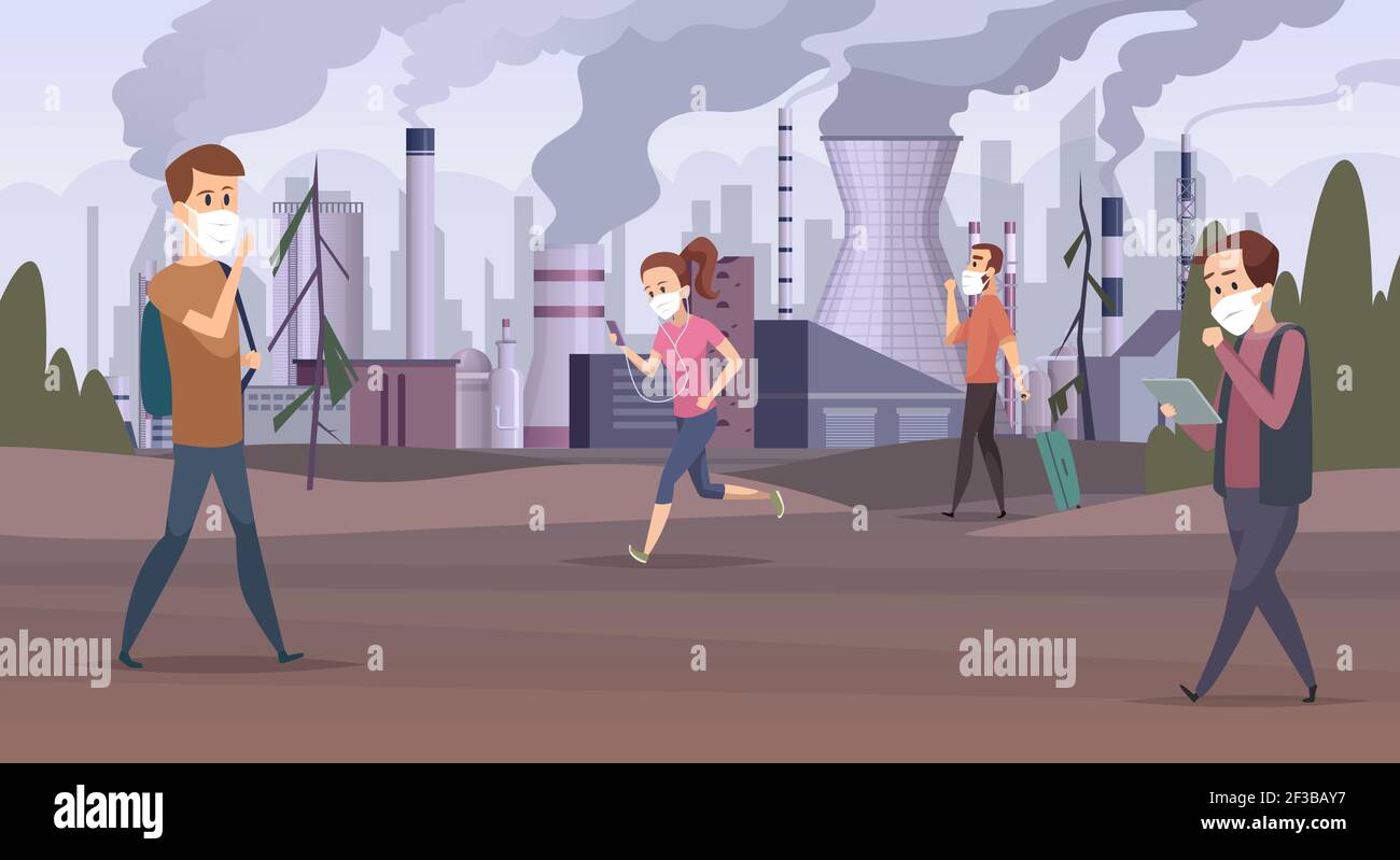Mask pollution. Smog in city urban factory sad people in mask bad ...