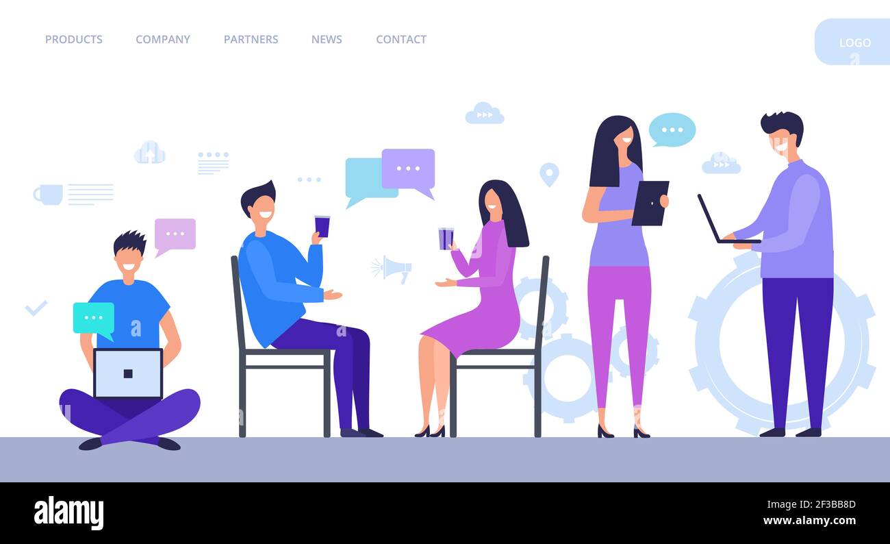 People communicate landing page. Women and men chat. Social media ...