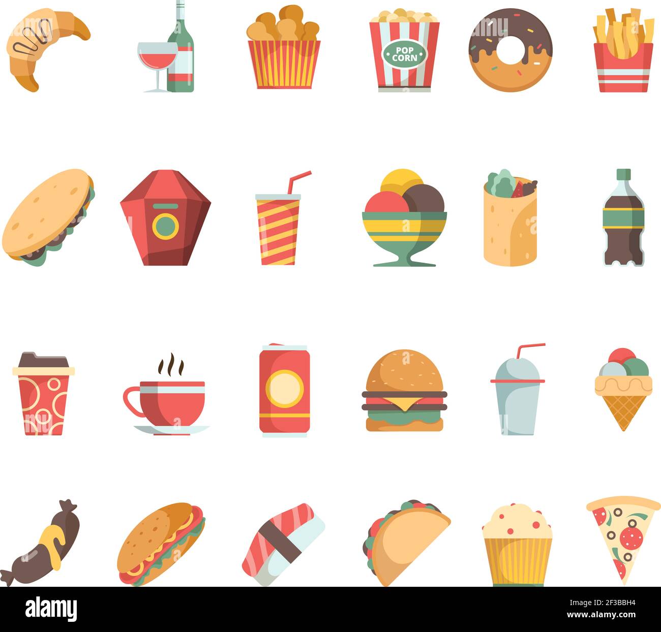 Fast food icons. Junk food sandwich hamburger coffee fried potatoes ...
