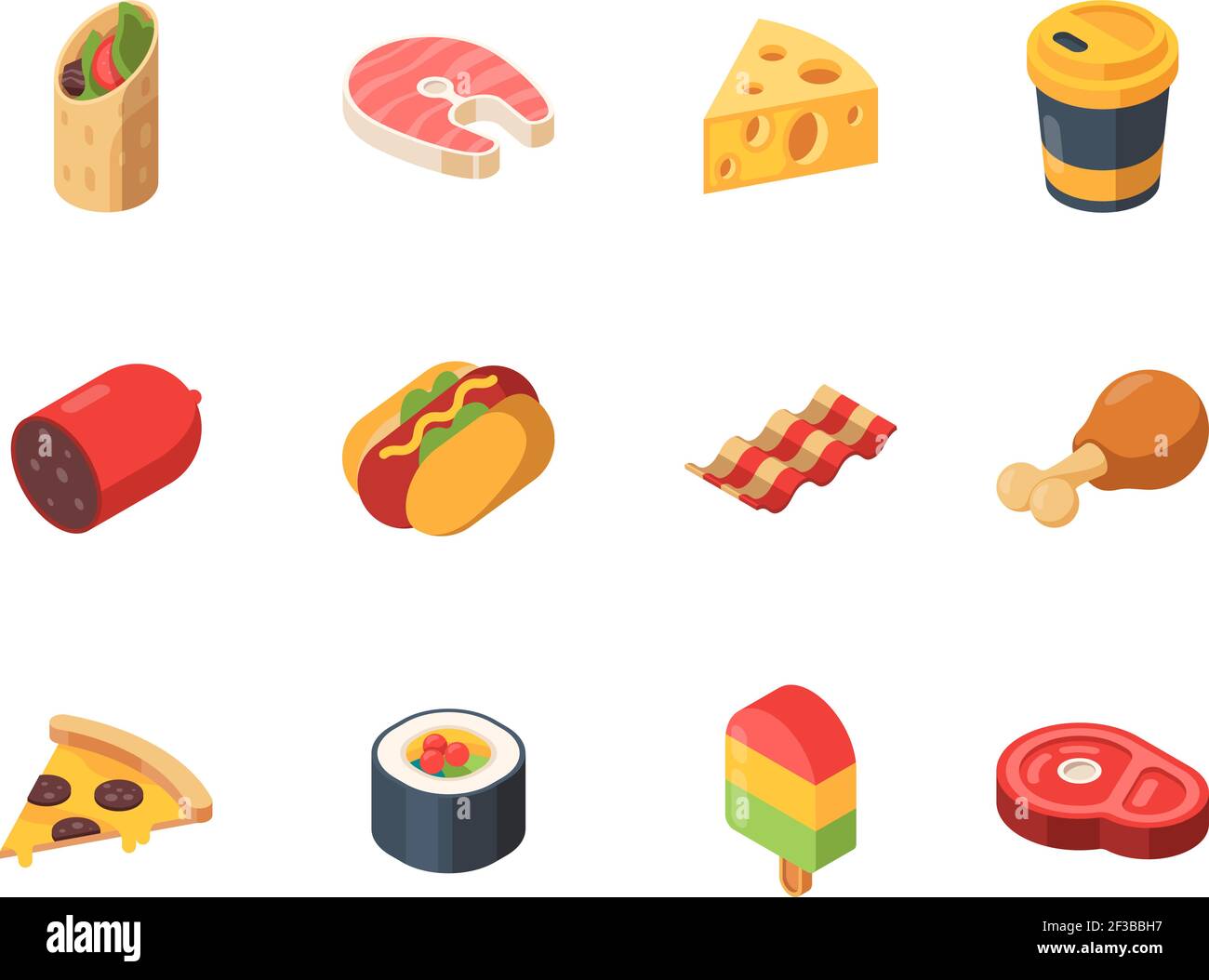 Food icons. Cheese bread burger water meal fruits fish fresh natural ...