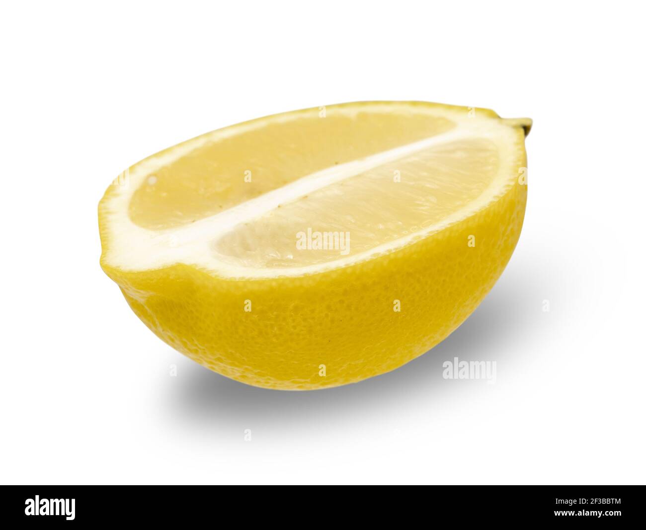 Yellow lemon slice cut along the middle of the quarter isolated on ...