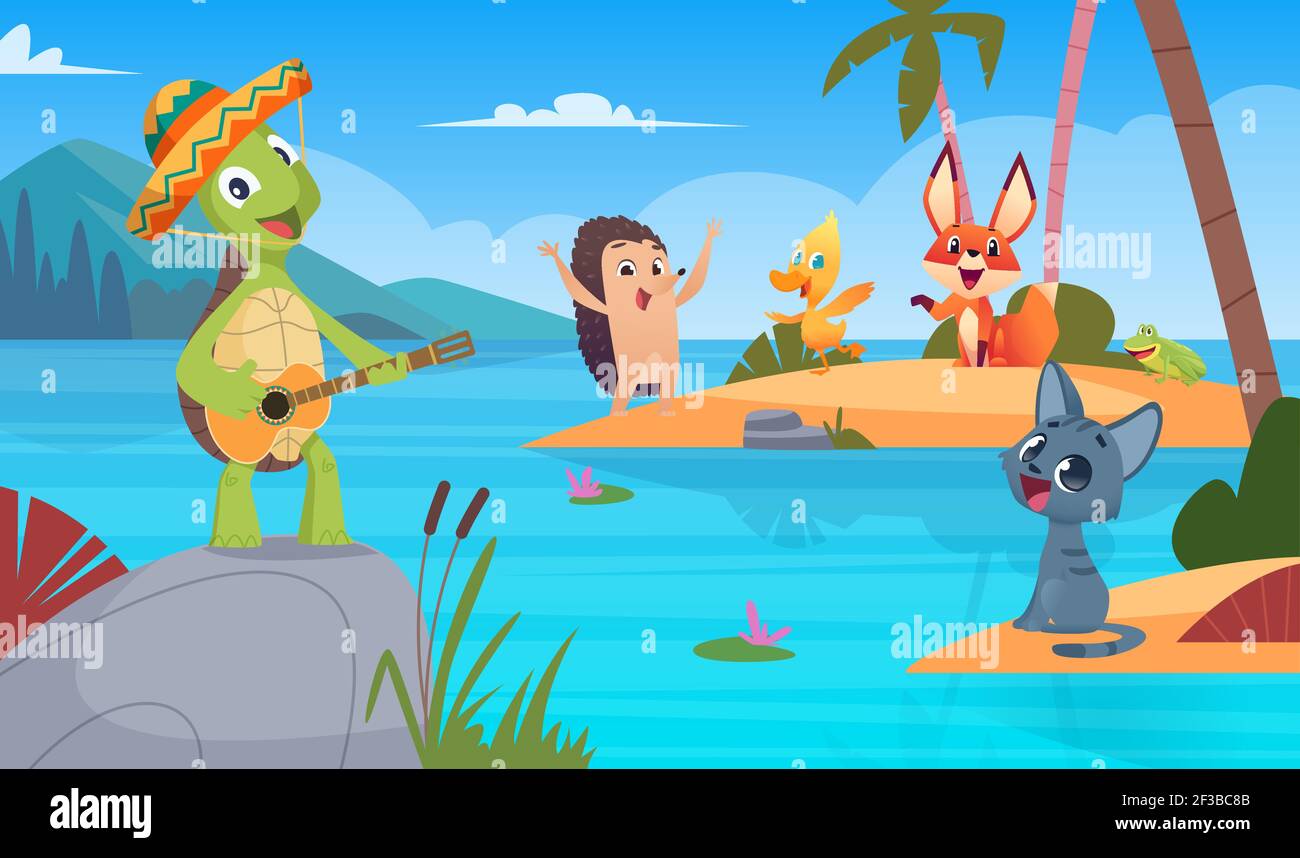 Turtles background. Nature wild animal singing playing vector cartoon ...