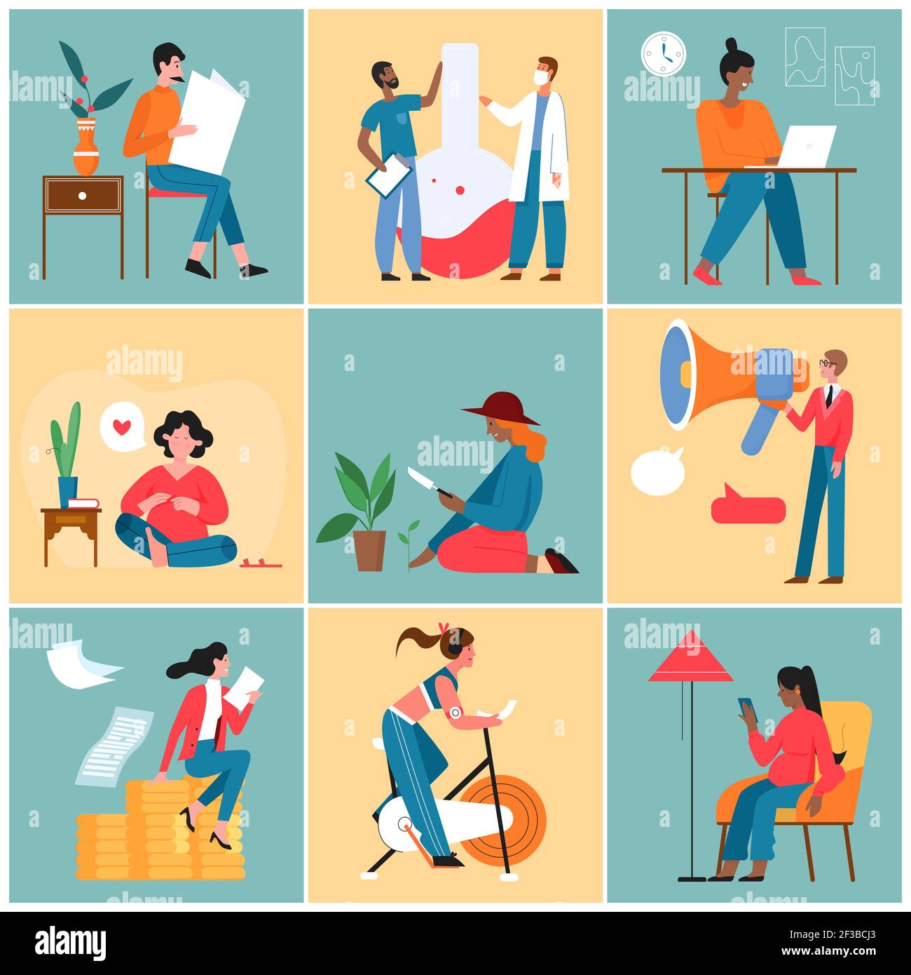 People work study lifestyle activity set, scientist team, happy ...