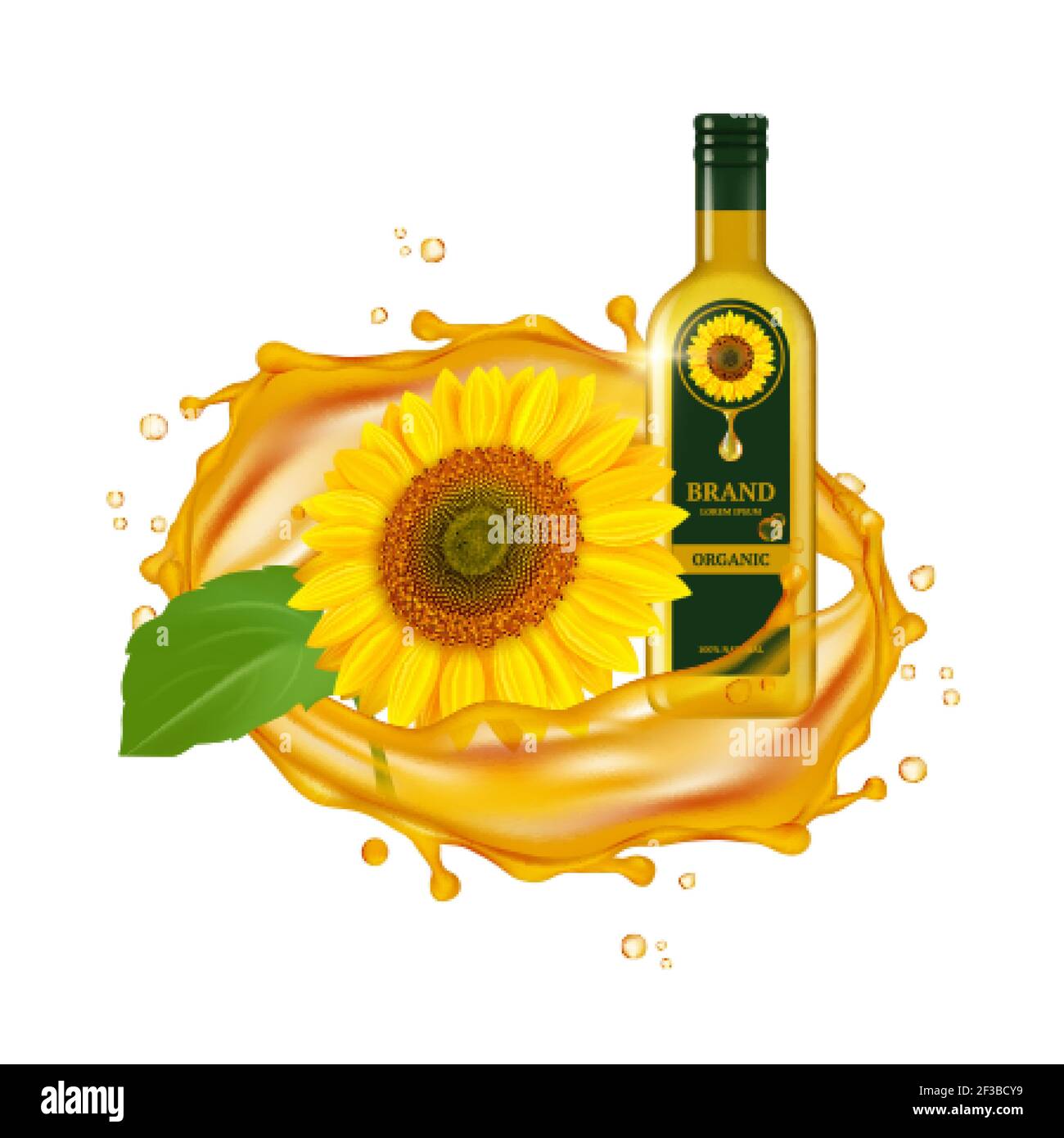 Realistic sunflower oil. Vector oil drops and yellow flower with green ...