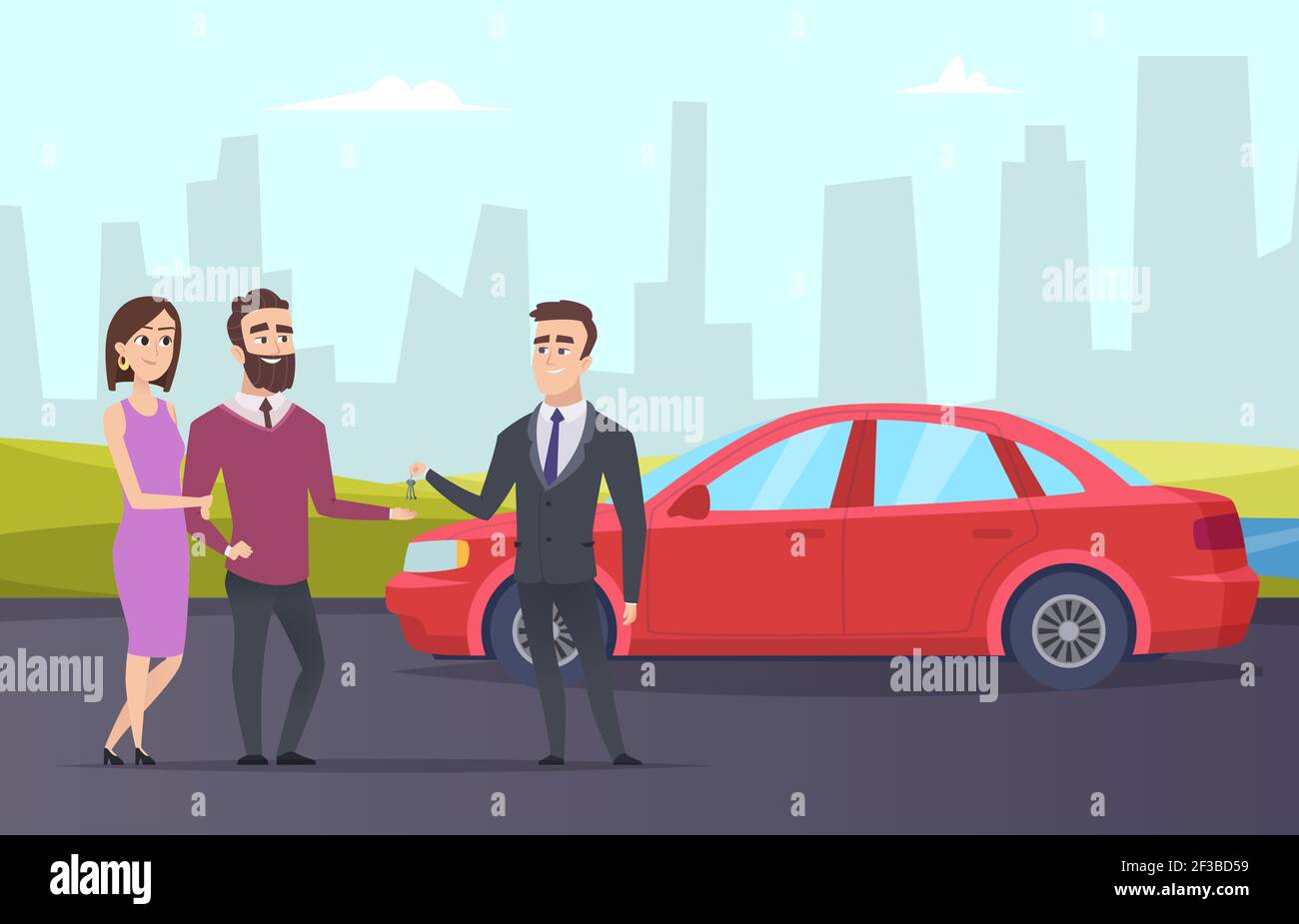 Rent car. Couple rents a car from rental agent. Vector cartoon ...