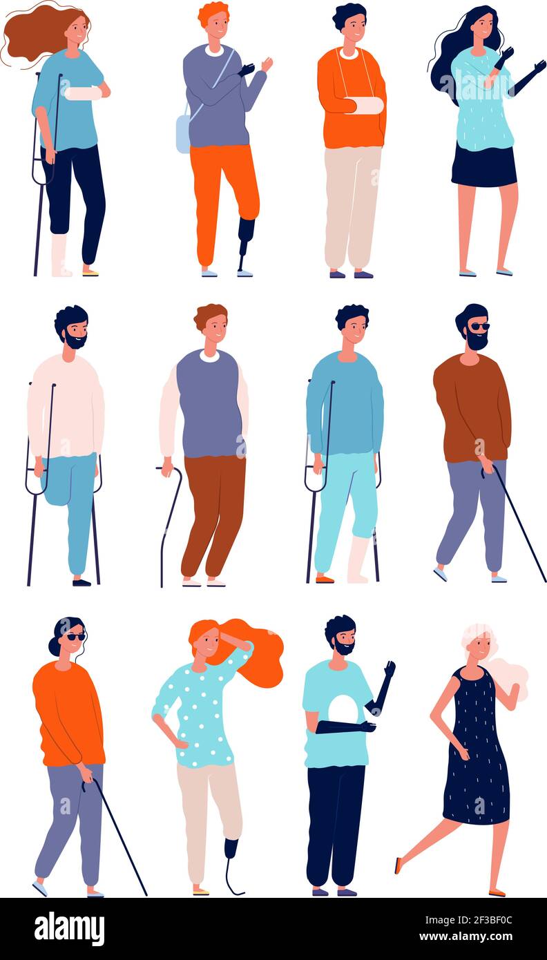 Disabled characters. Unhealthy persons in wheelchairs and crutches ...