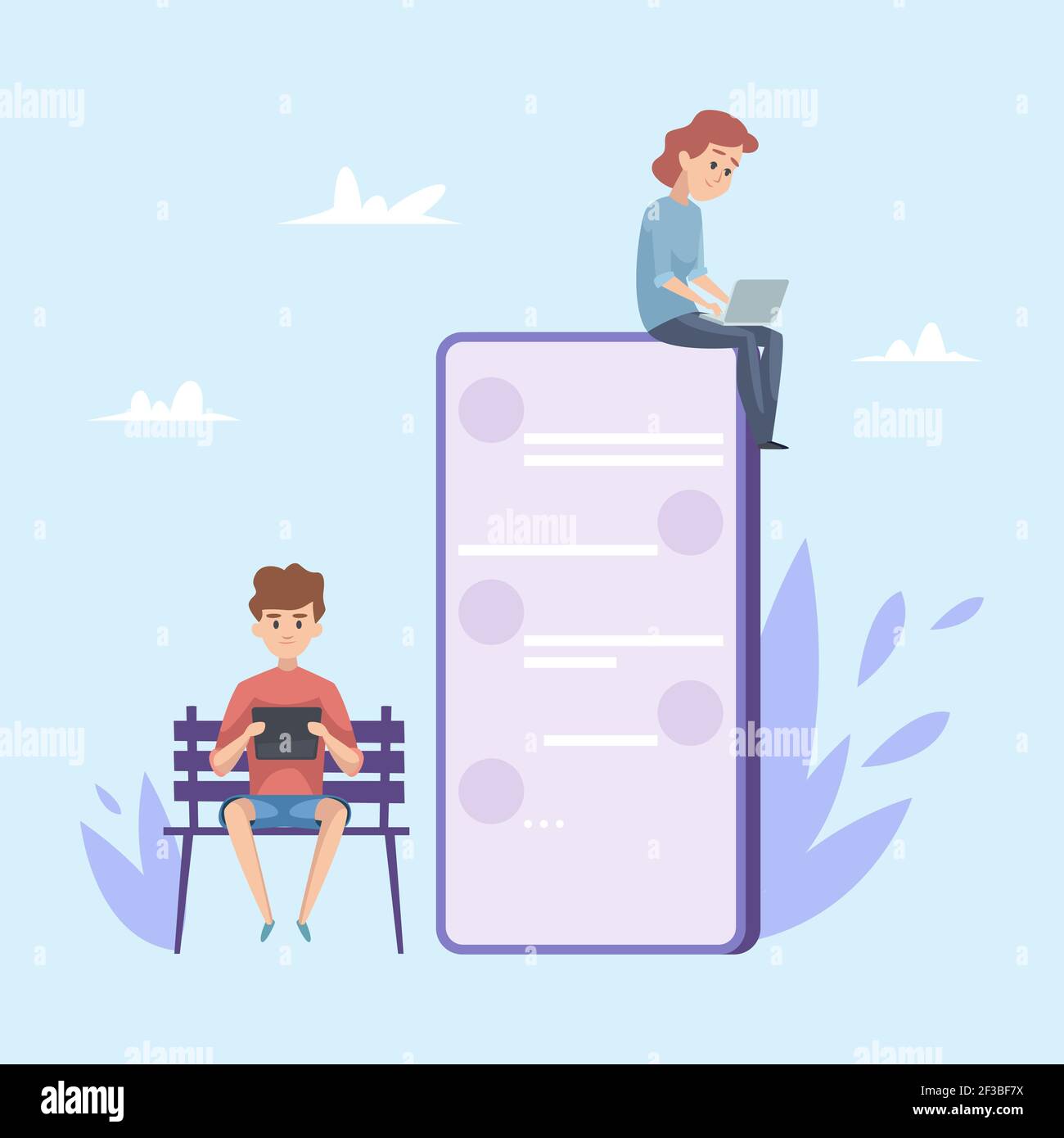 Chatting concept. Young boy and girl have online conversation. Cartoon ...