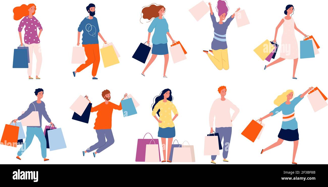 Shopping people. Male and female person buying products in market place ...