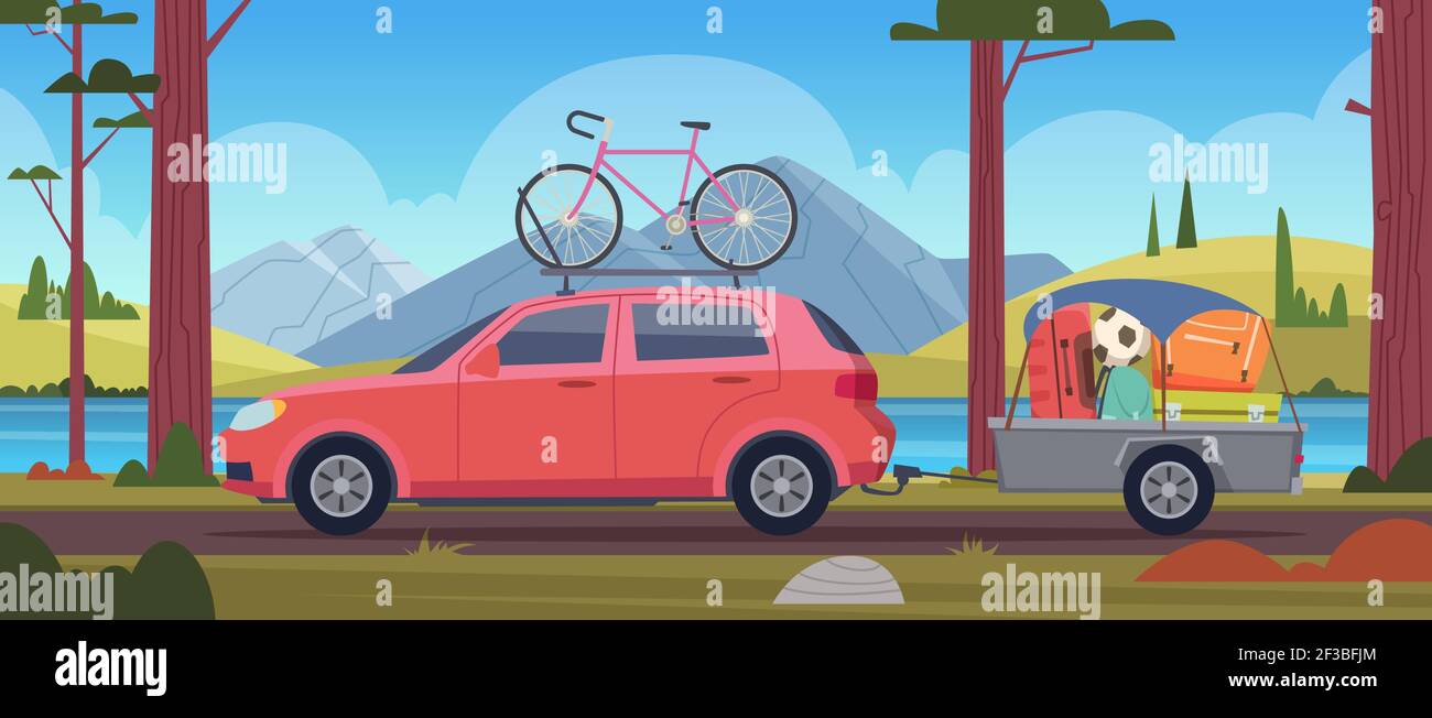 Road trip vacation. Travellers family in car with luggage adventure ...