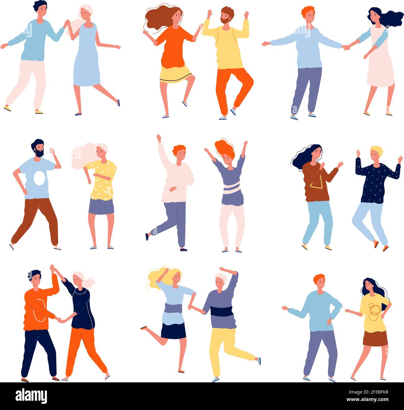 Dancing couples. Funny people male and female crowd dancing tango salsa ...