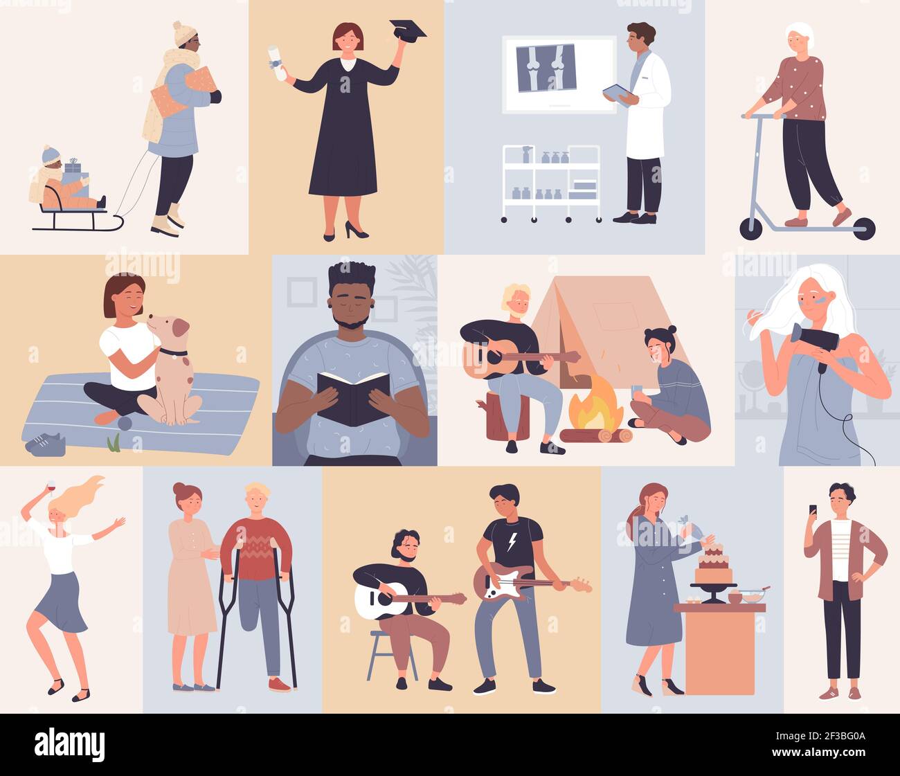 People in daily activity set, man woman or couple characters play, girl ...