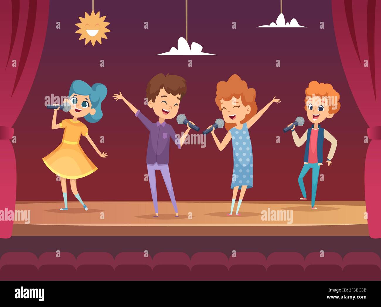 Kids stage. Children performance karaoke sing boys and girls vector ...
