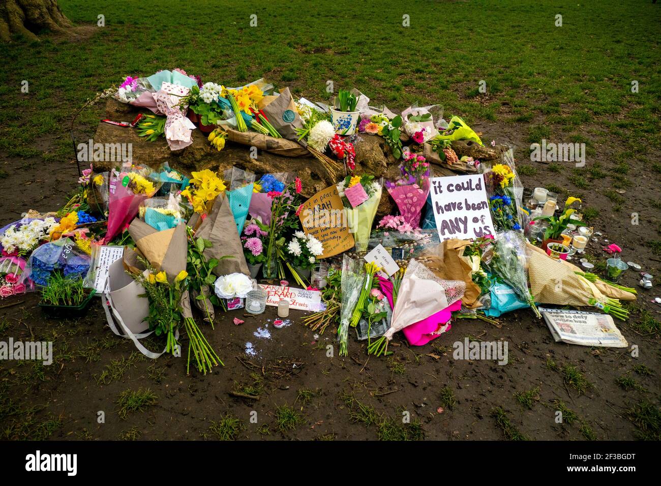 London, UK. 16th Mar, 2021. Tributes to Sarah Everard at Clapham Common ...