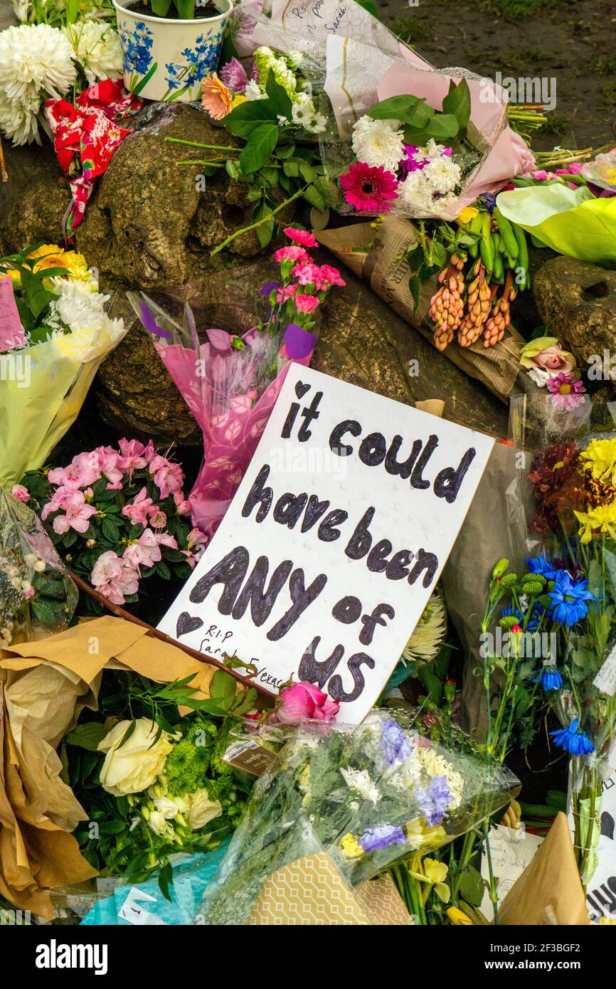 London, UK. 16th Mar, 2021. Tributes to Sarah Everard at Clapham Common ...