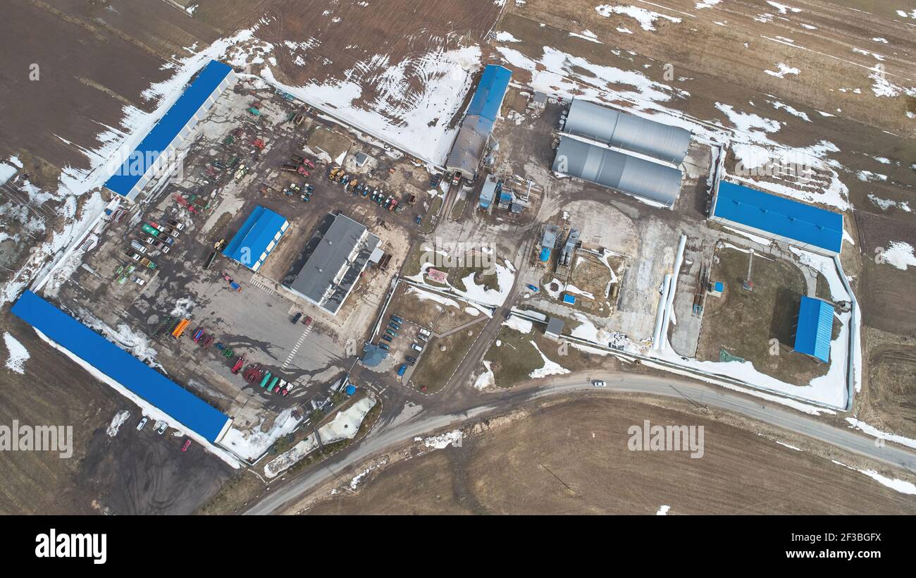 Agricultural base with technical machine above drone top view Stock ...