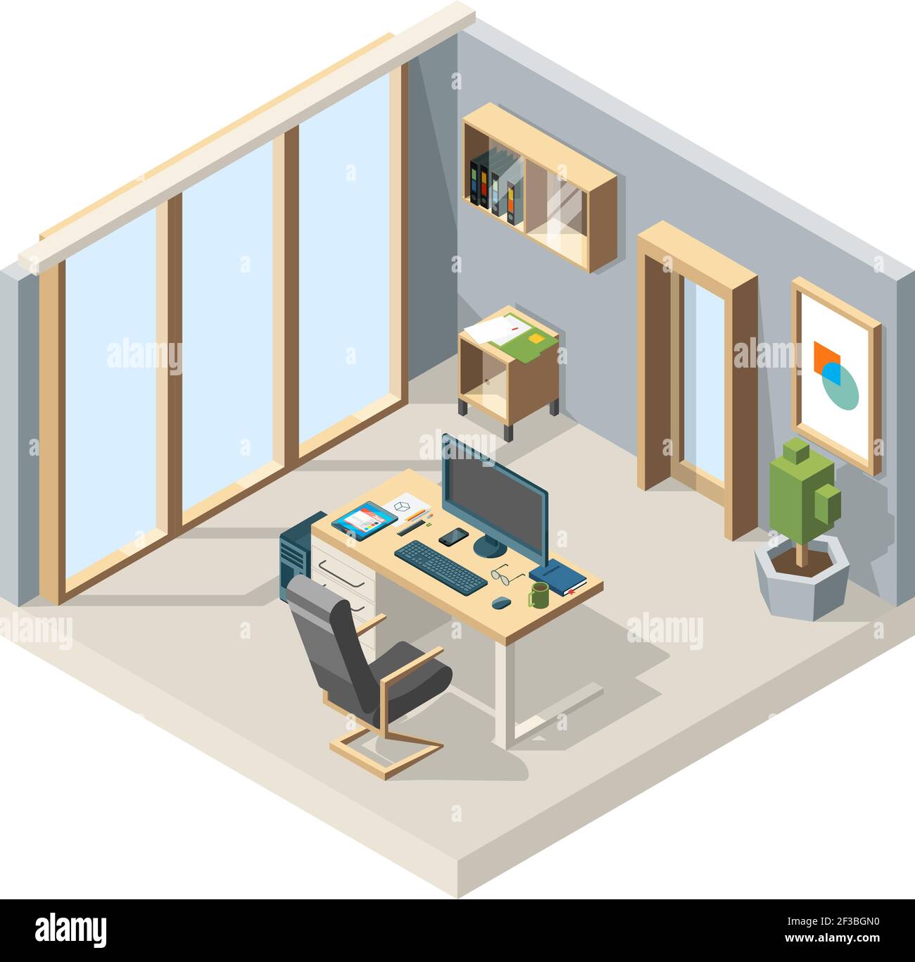Office isometric. Business interior with furniture chair desk computer ...