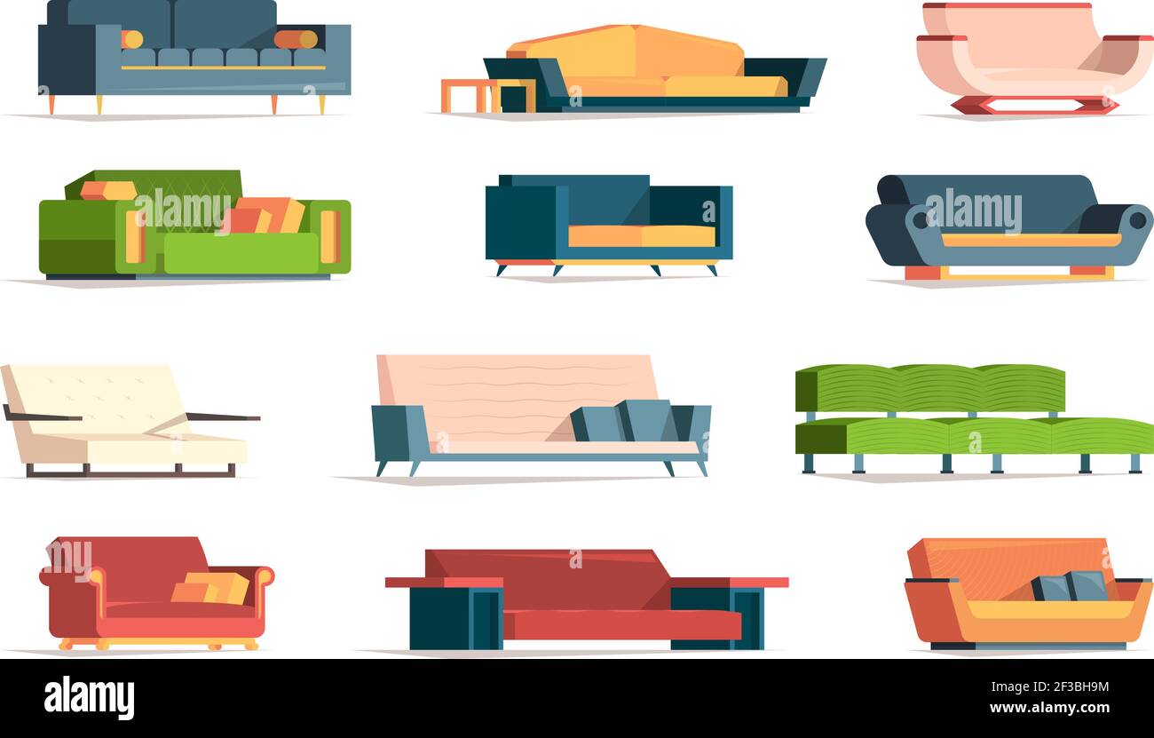 Soft furniture. Divan fabric couch simple set front view interior ...