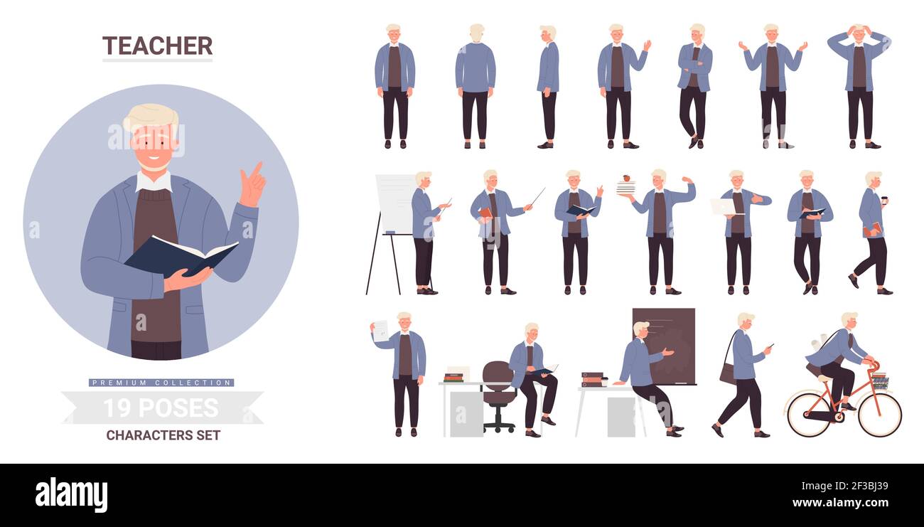Teacher or man professor work pose set, teaching, front side and back ...
