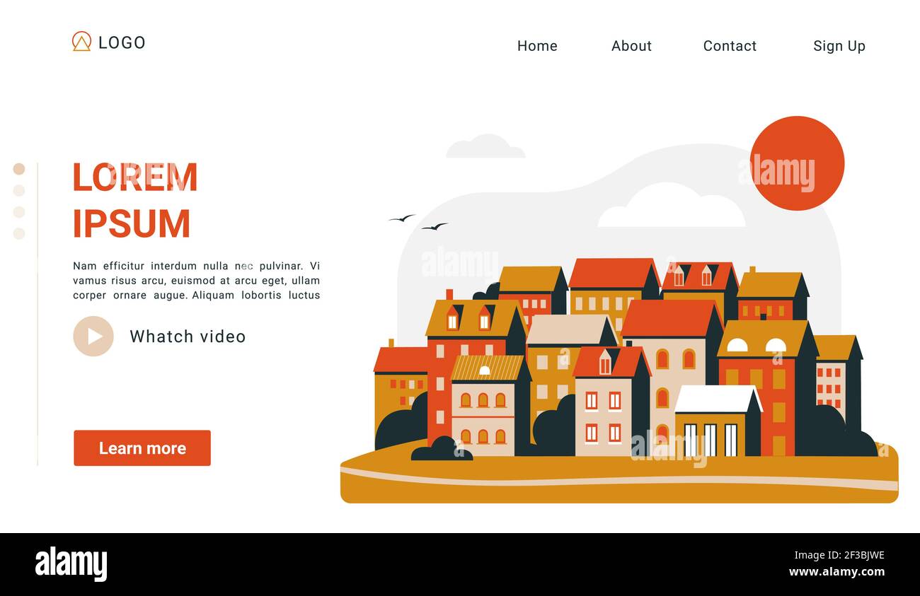 Urban simple landscape landing page, cityscape sunset scene with orange ...