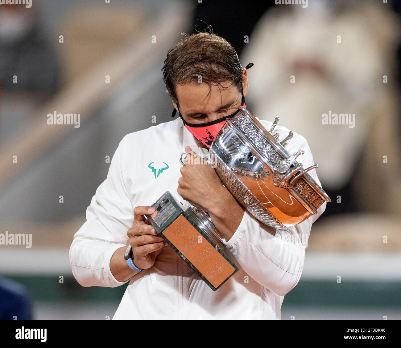 Spanish tennis player Rafael Nadal hugging trophy after winning his ...