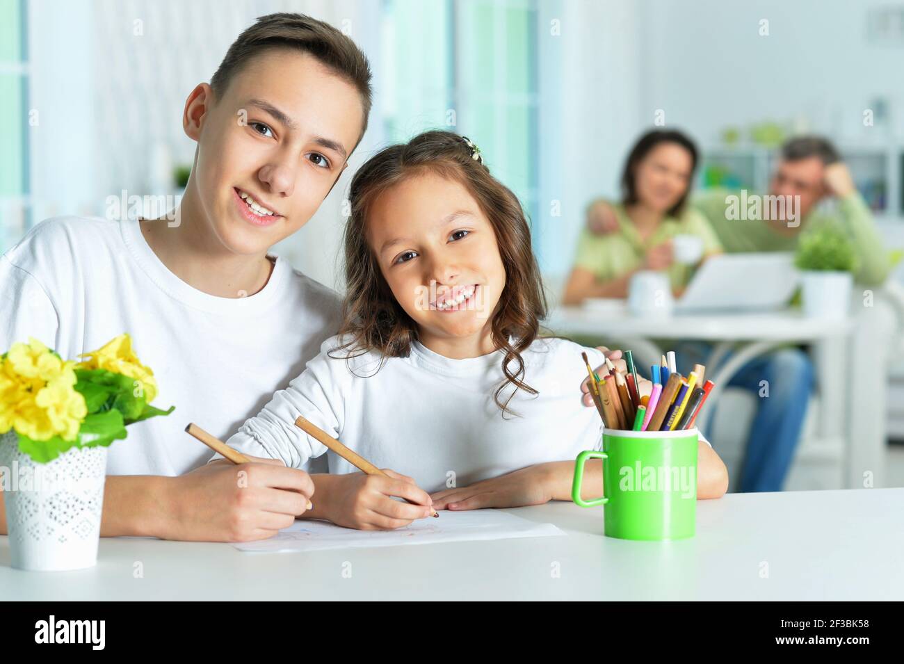 Smiling brother and sister drawing with colorful pencils Stock Photo ...