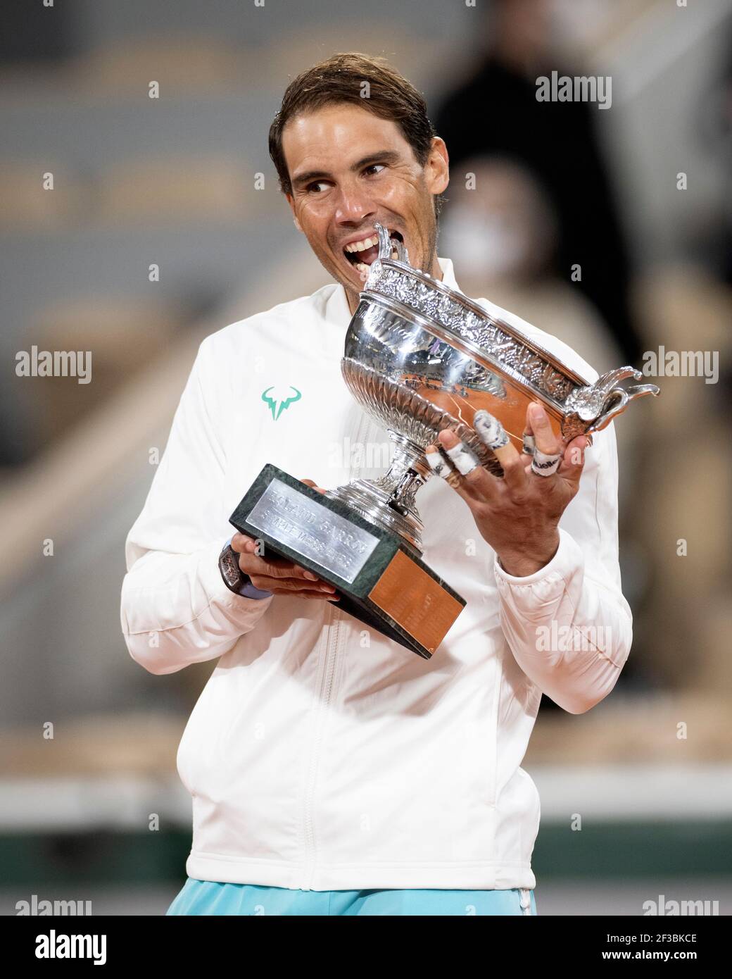 Spanish tennis player Rafael Nadal holding trophy after winning his ...