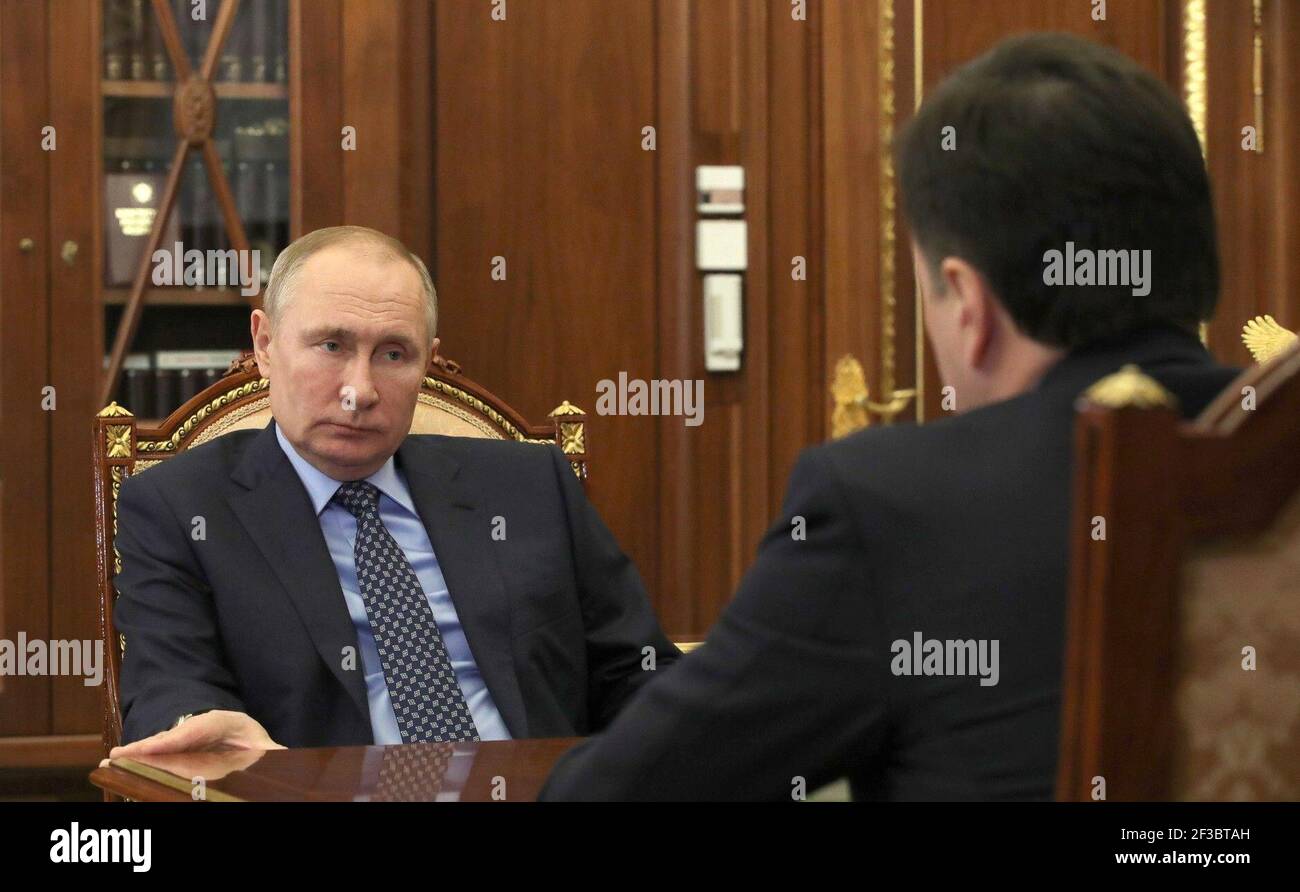 March 16, 2021. - Russia, Moscow. - Russian President Vladimir Putin (L) and Moscow Region ...