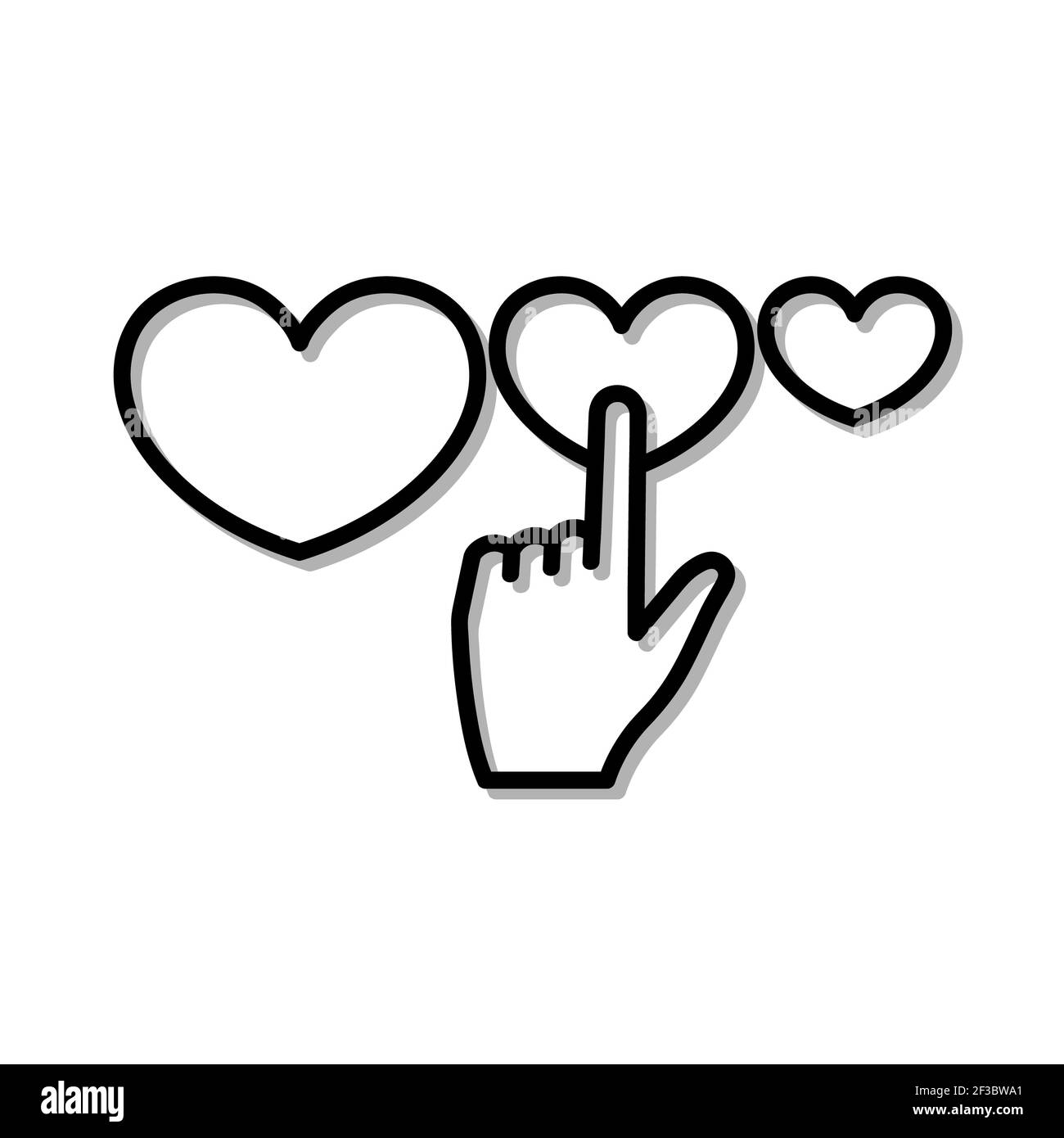 Hand vote by hearts. silhouette icon. Blak stroke isolated on white ...