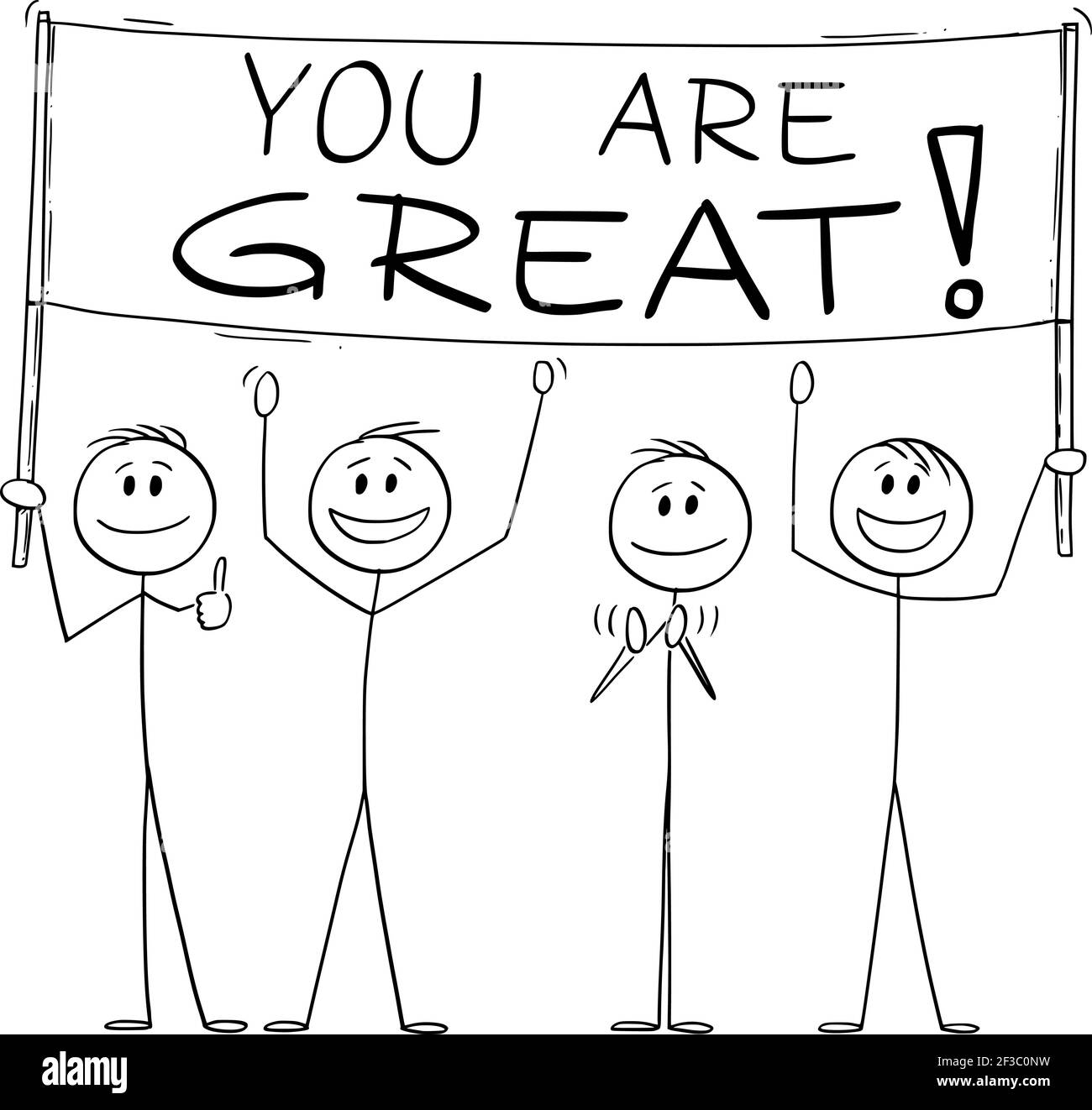 Group of People Holding You Are Great Sign, Vector Cartoon Stick Figure ...