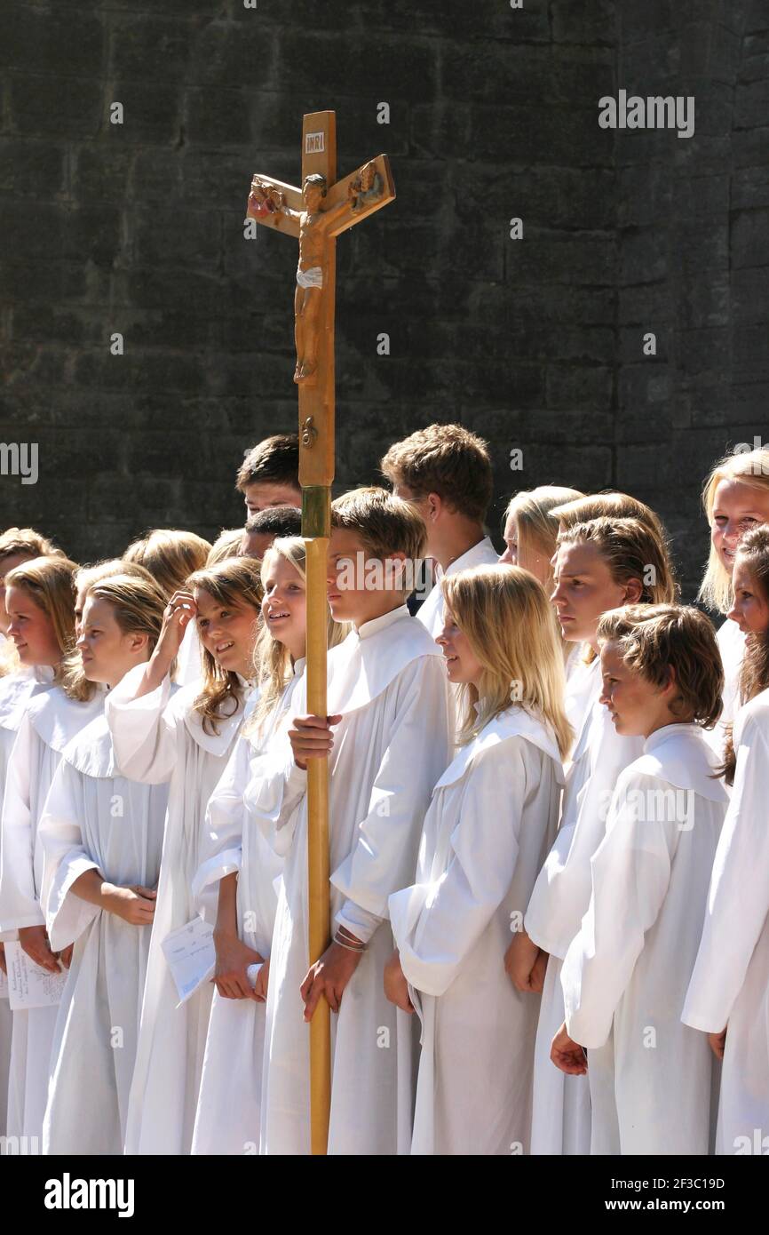 Confirmation, with confirmands and priest, outside Vadstena abbey ...