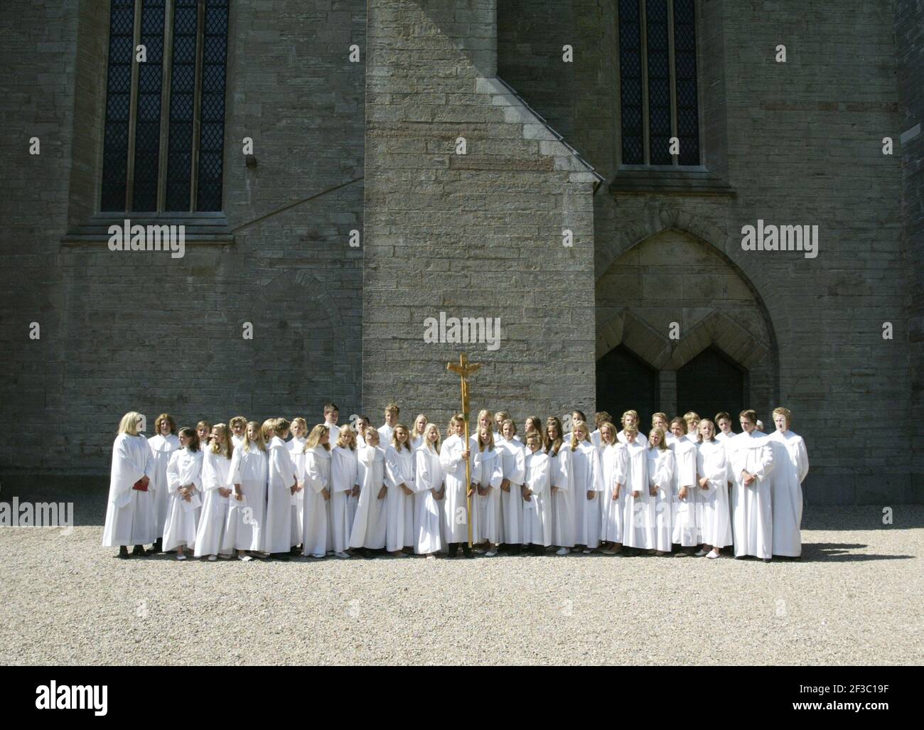 Confirmation, with confirmands and priest, outside Vadstena abbey ...