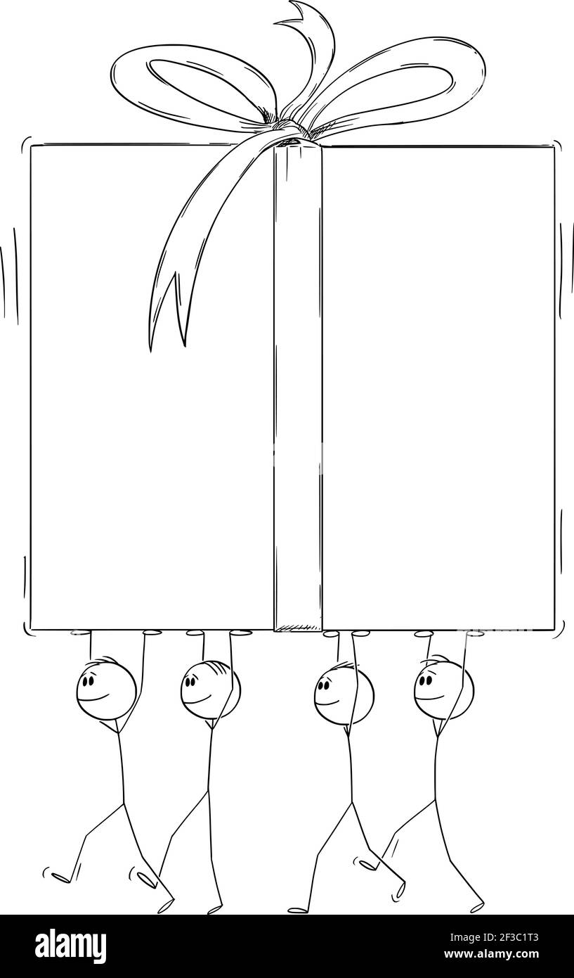 Group of Men Carrying Giant Gift or Present Box in Wrap. Vector Cartoon ...