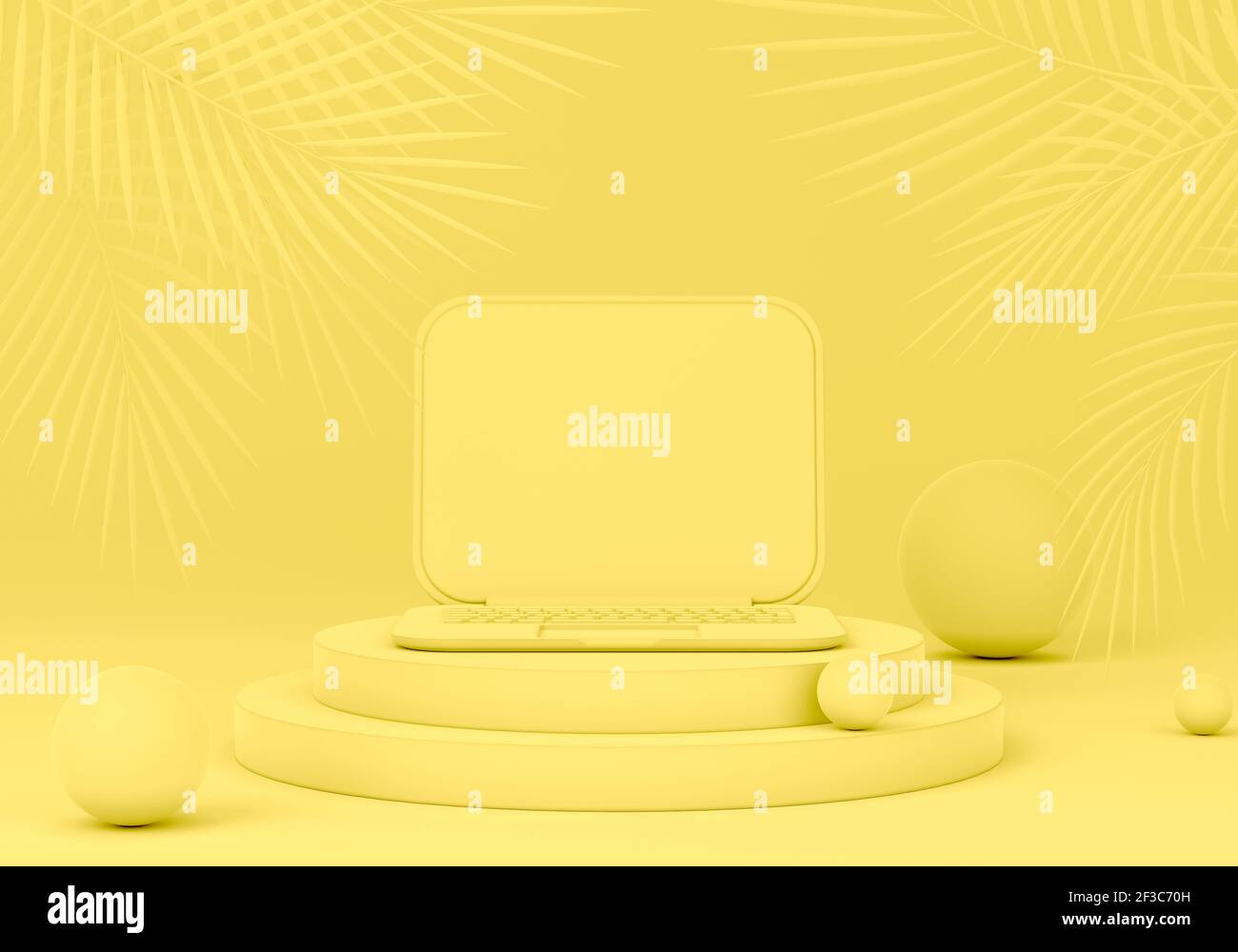 3d illustration with yellow laptop on pedestal. Notebook computer ...