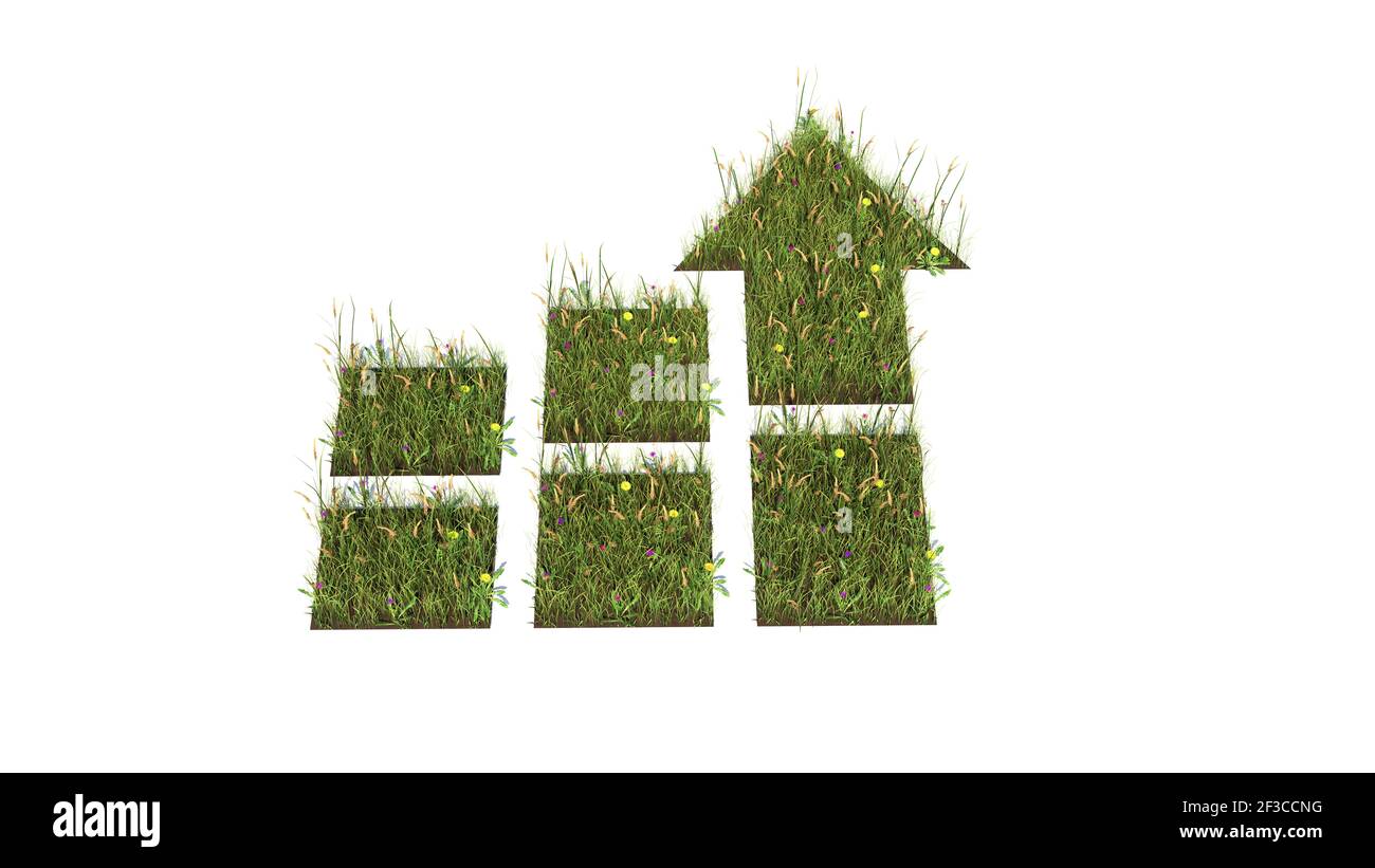 3d rendered grass field with colorful flowers in shape of symbol of bar ...