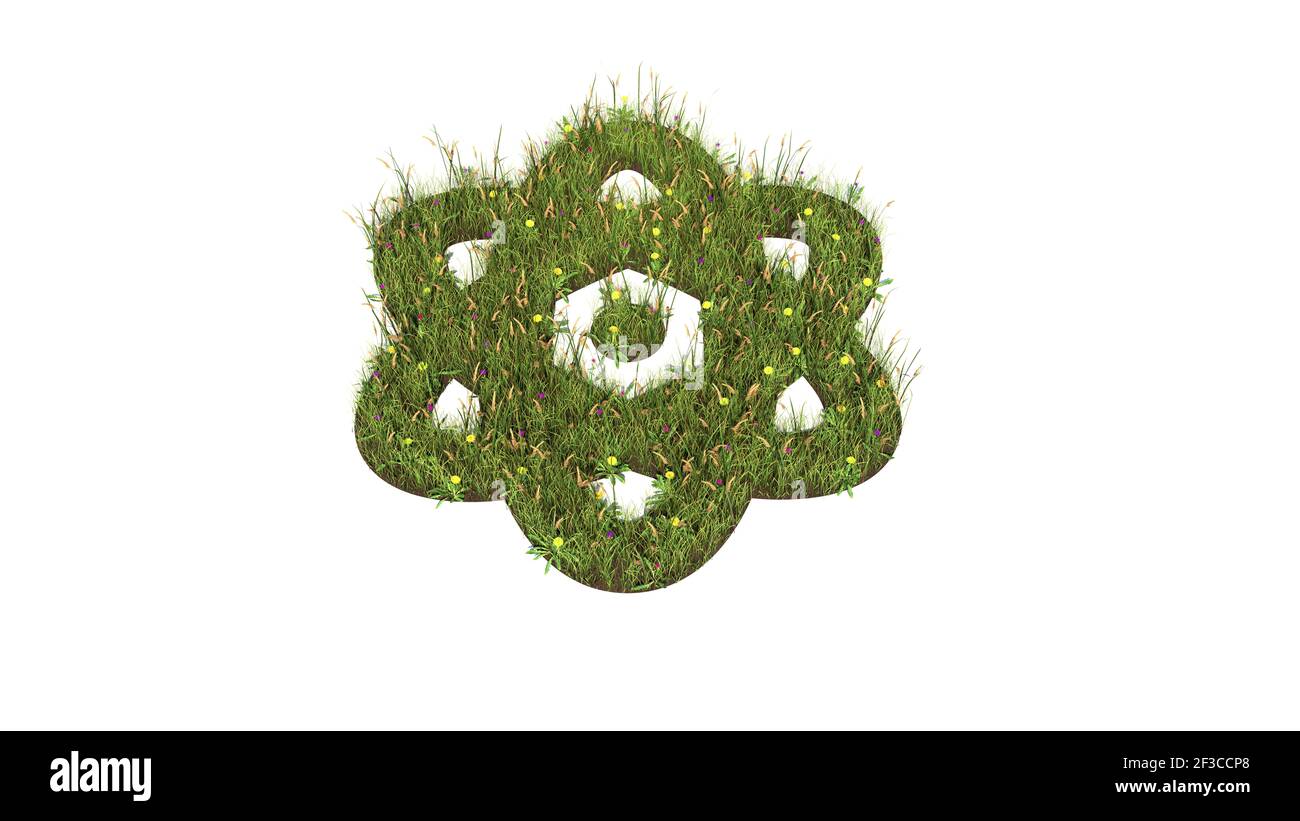 3d rendered grass field with colorful flowers in shape of symbol of ...