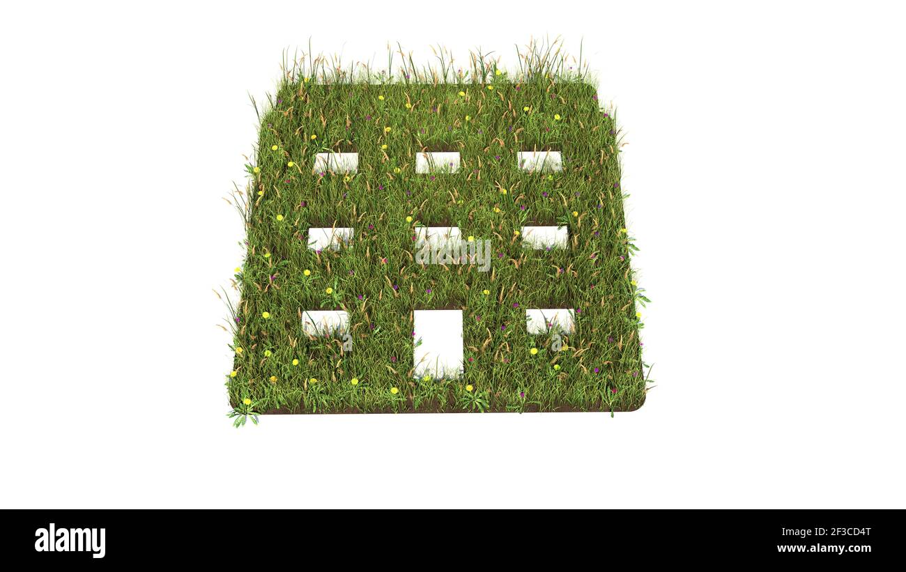 3d rendered grass field with colorful flowers in shape of symbol of ...