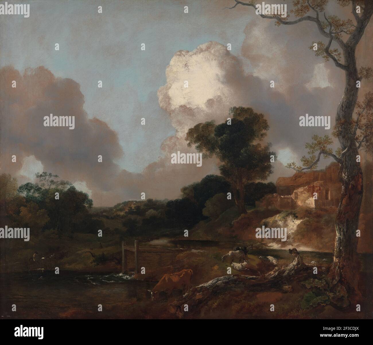 Landscape with Stream and Weir;A River Landscape with a Weir, Sheep and ...