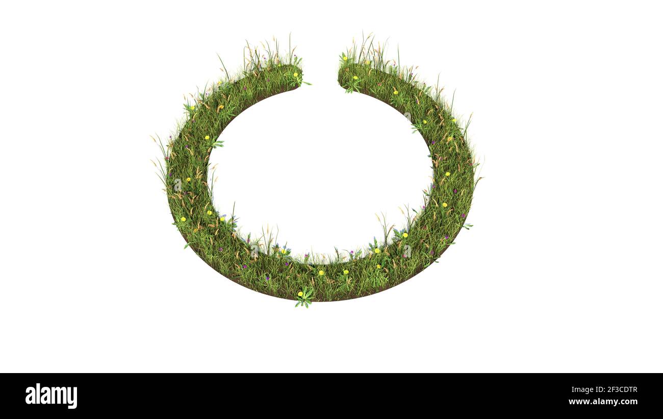 3d rendered grass field with colorful flowers in shape of symbol of ...